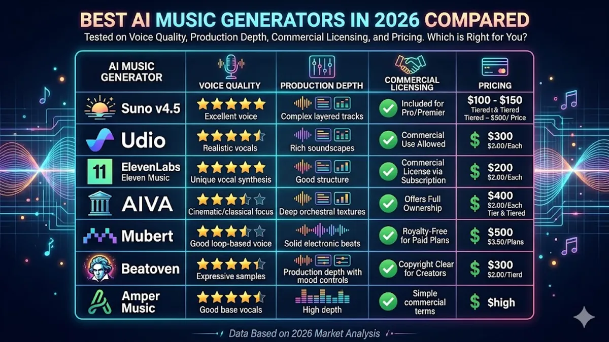 Best AI Music Generators 2026: Suno vs Udio vs ElevenLabs Compared